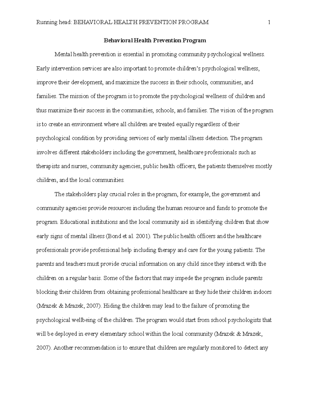 Behavioral Health Prevention Program - Running head: BEHAVIORAL HEALTH ...