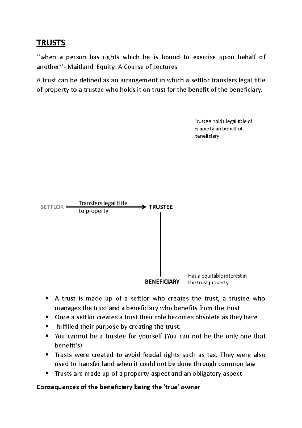 Trusts - lecture notes summary - TRUSTS ‘’when a person has rights ...