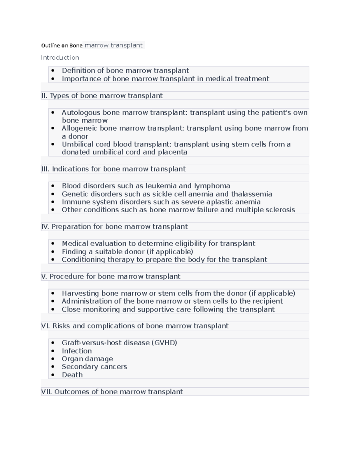 Bone1 - notes - Outline on Bone marrow transplant Introduction ...