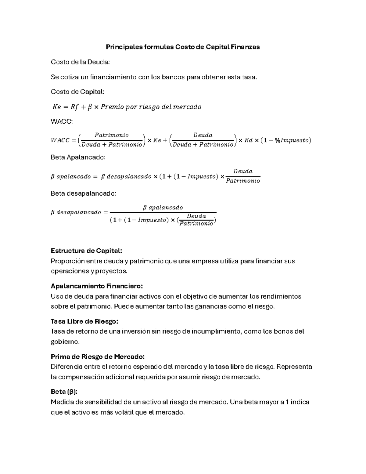 Principales formulas Costo de Capital Finanzas - Costo de Capital: 𝐾𝑒 ...