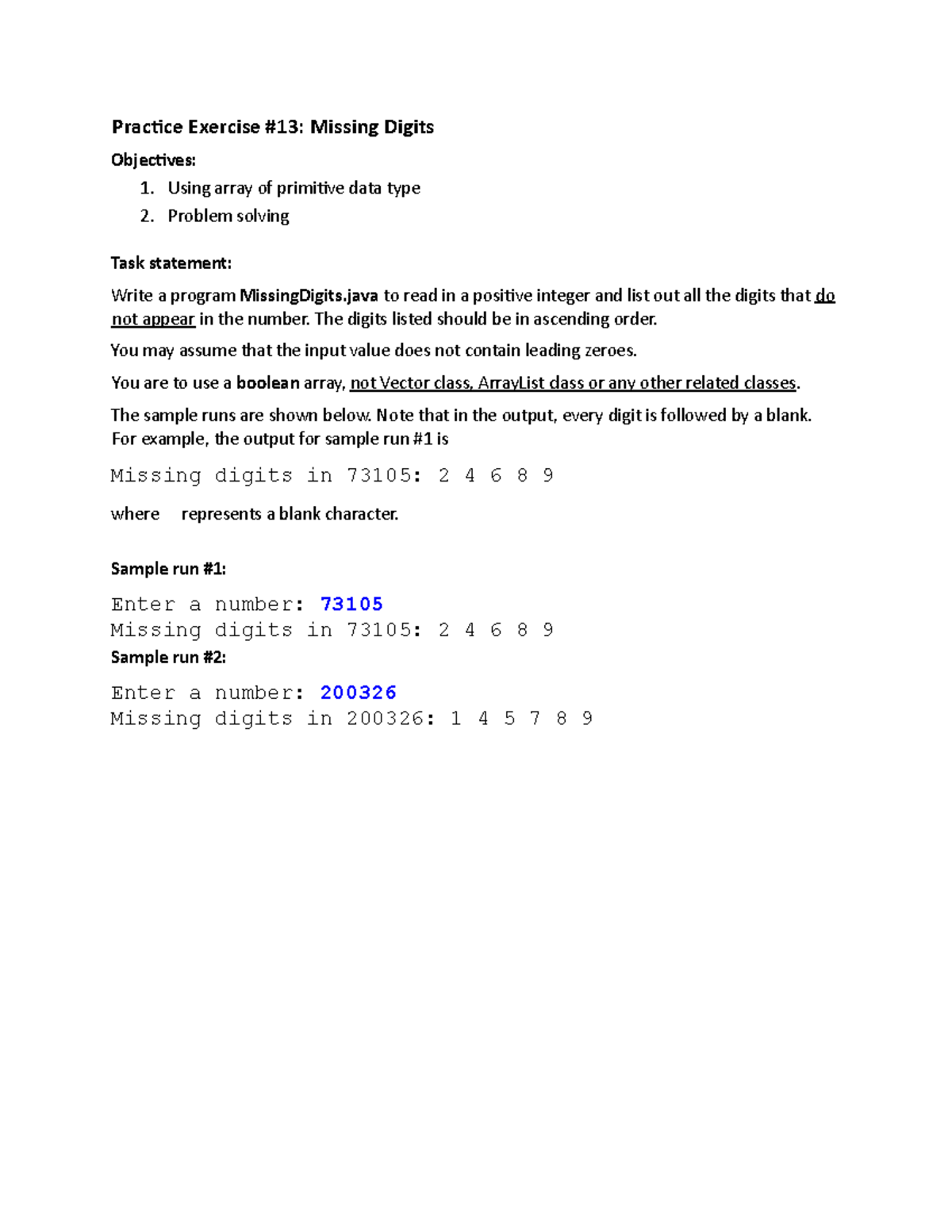 Missing Digits Java Programming Practice Exercise 13 Missing Digits Objectives 1 Using