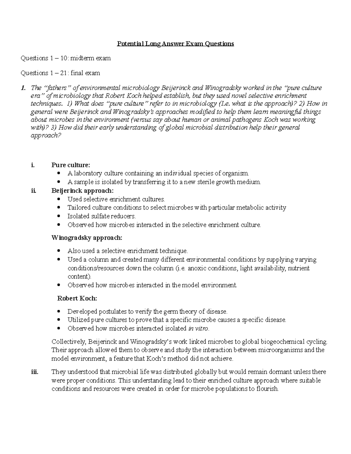 Long Answer Exam Questions - Potential Long Answer Exam Questions ...