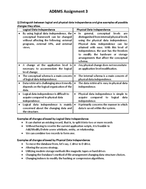 Adbms Assignment 1 - Architecture of Database Management Systems List two applications (other ...