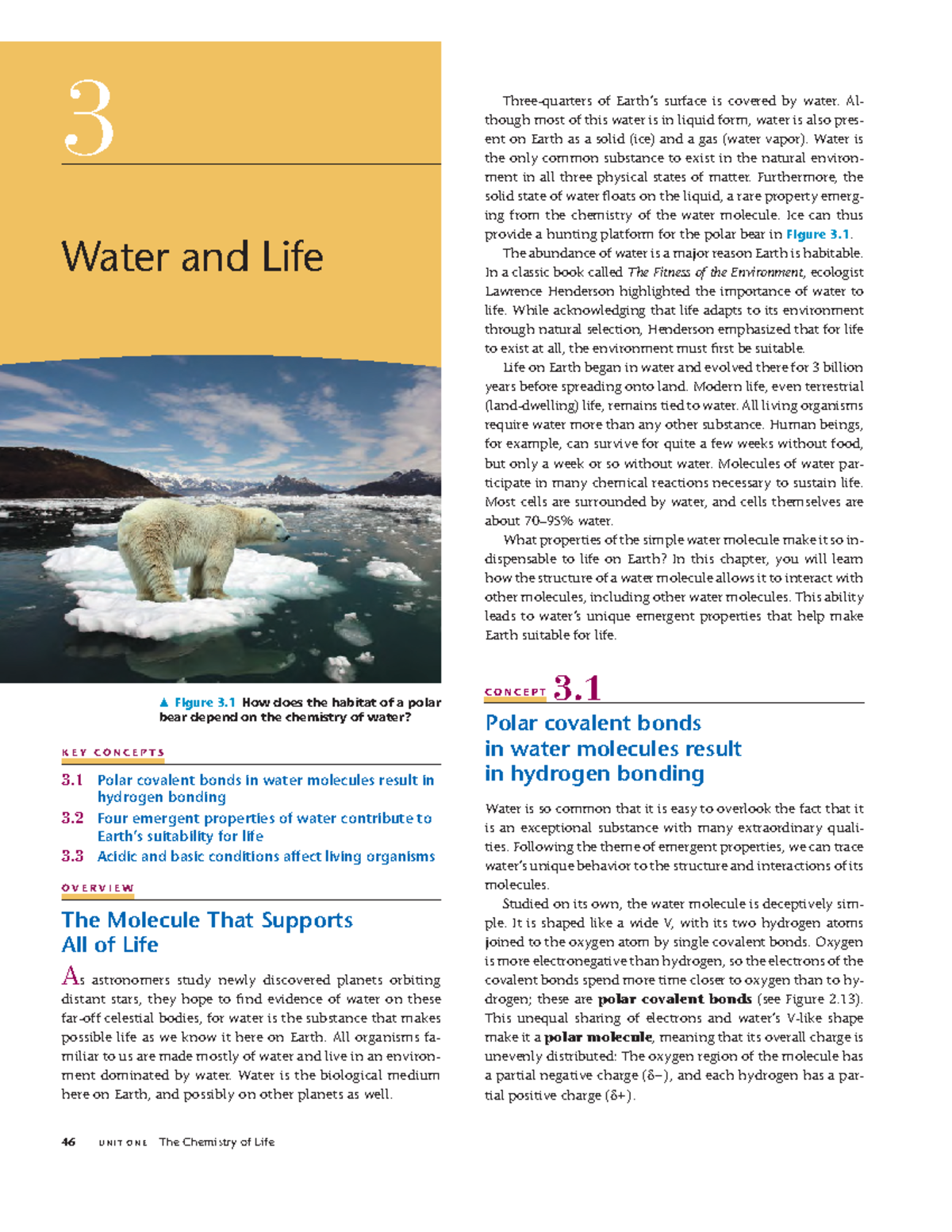 AP Biology Chapter 3 - K E Y C O N C E P T S 3 Polar covalent bonds in ...