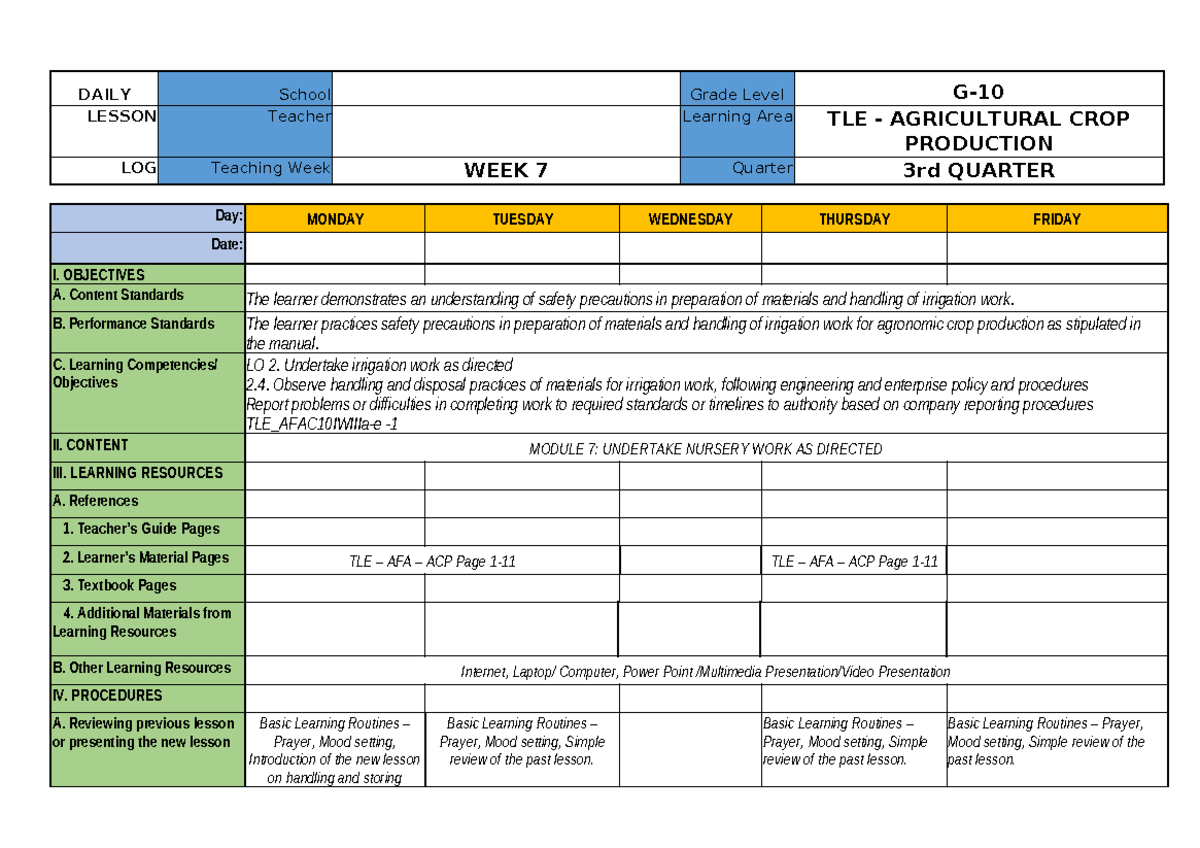 Week 7 - Q3 - ACP 10 - DAILY School Grade Level G- LESSON Teacher ...
