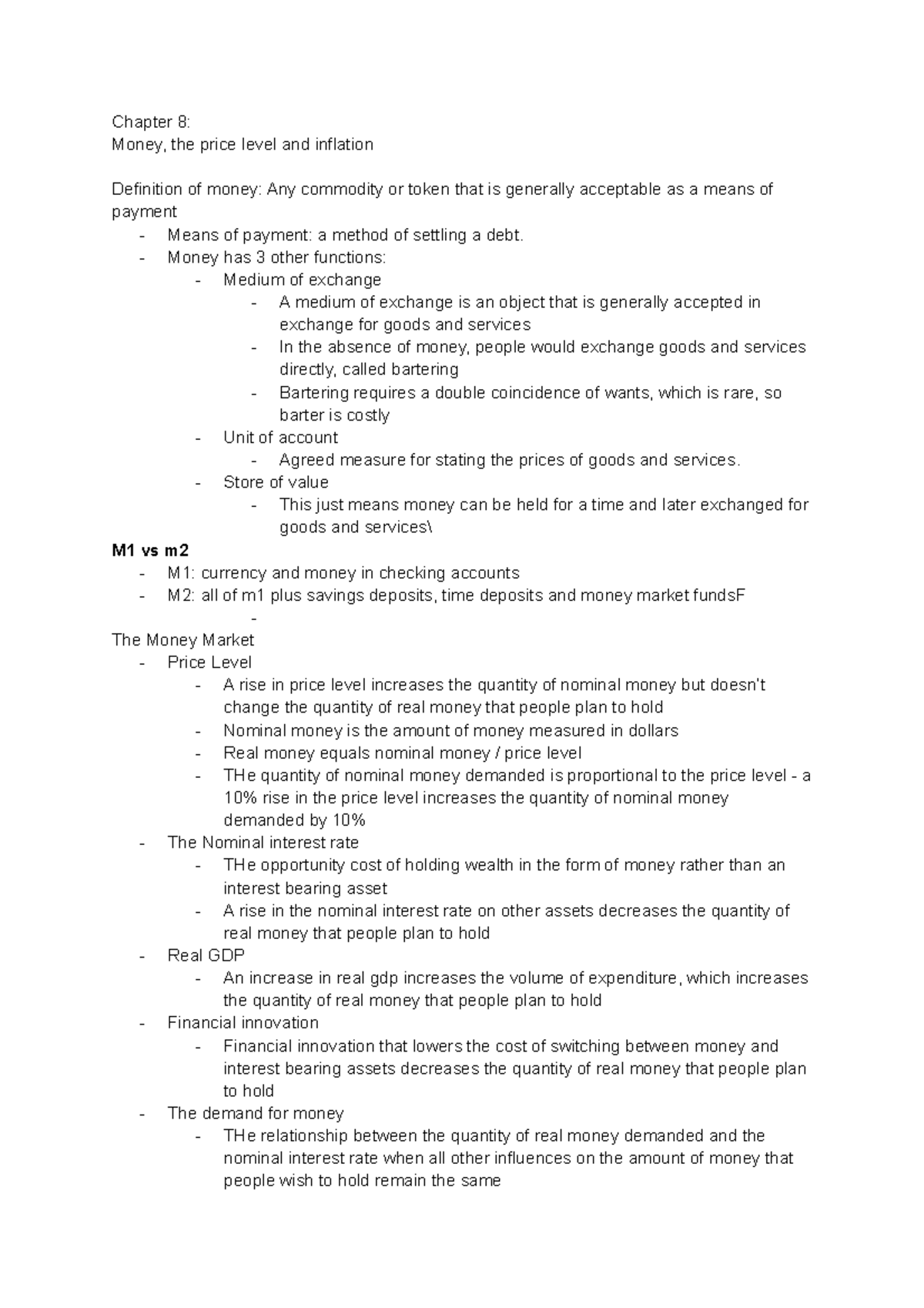 Chapter 8,9,10,11 macro economics - Chapter 8: Money, the price level ...