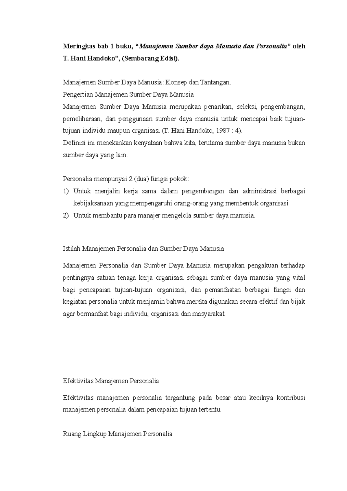 Rangkuman Bab 1 Buku Manajemen Sumber Daya Manusia dan Personalia ...