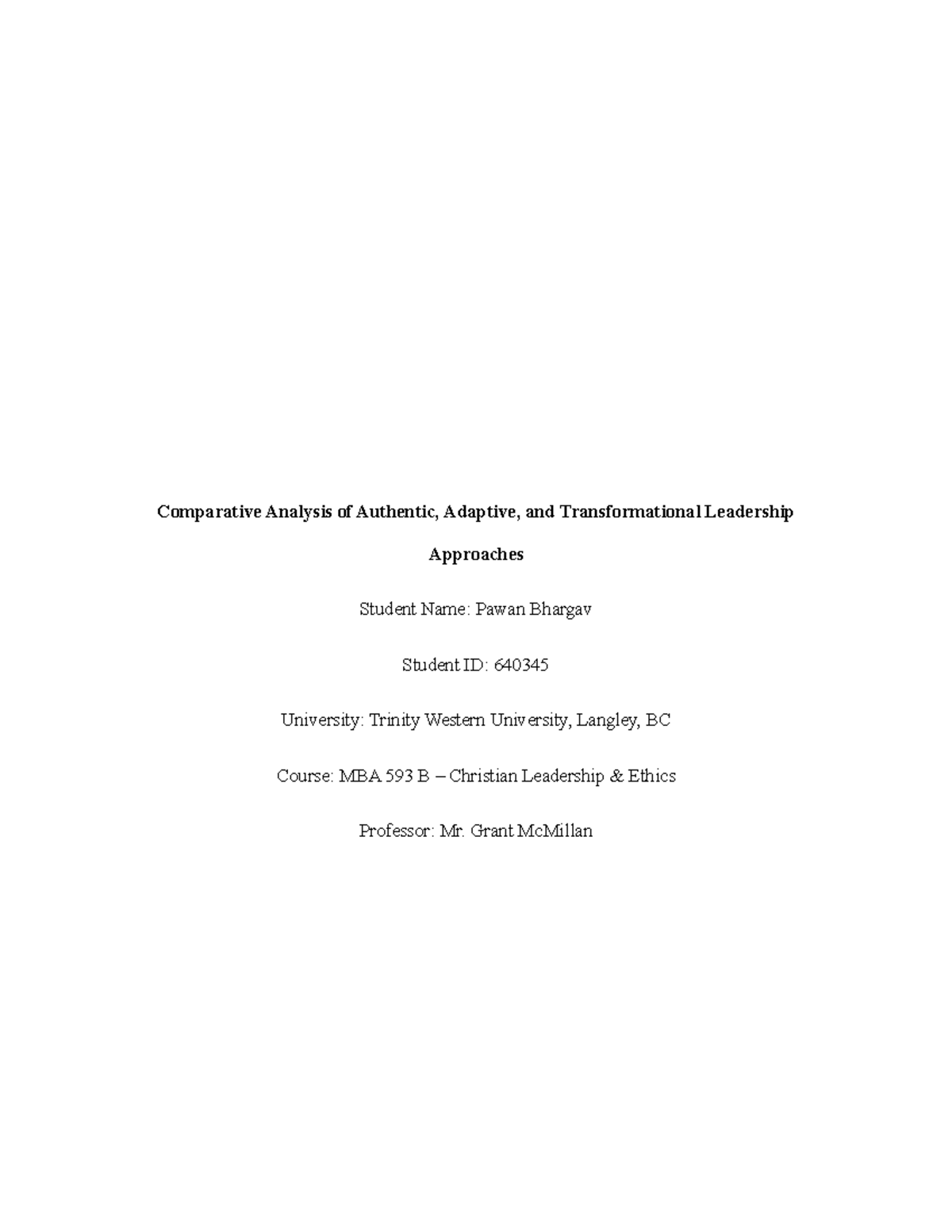 MBA 593 B - Christian Leadership Research Paper - Comparative Analysis ...