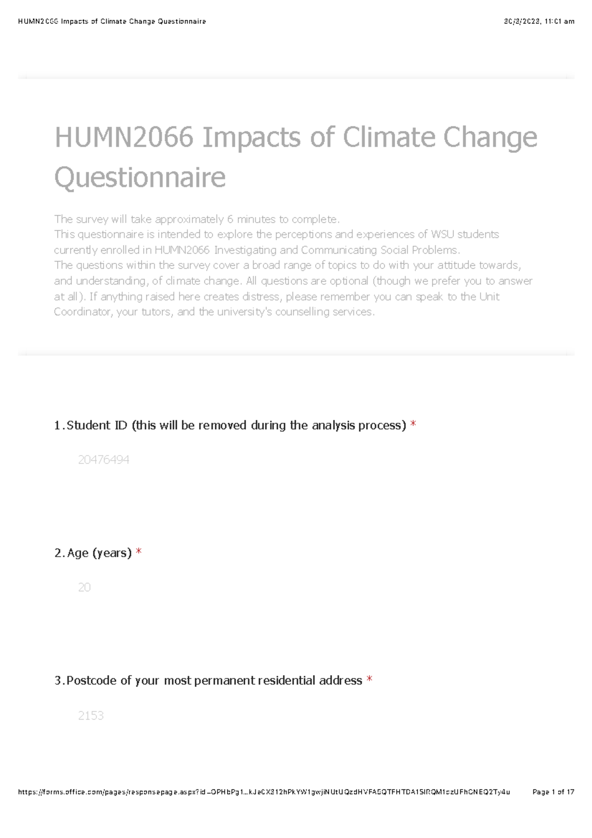 Climate change survey - HUMN2066 Impacts of Climate Change ...