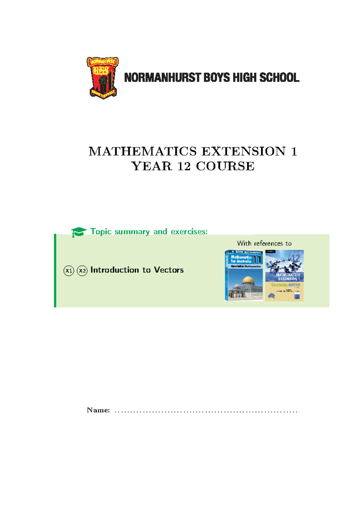 3u vectors learning book - MATHEMATICS EXTENSION 1 YEAR 12 COURSE X1 X2 ...