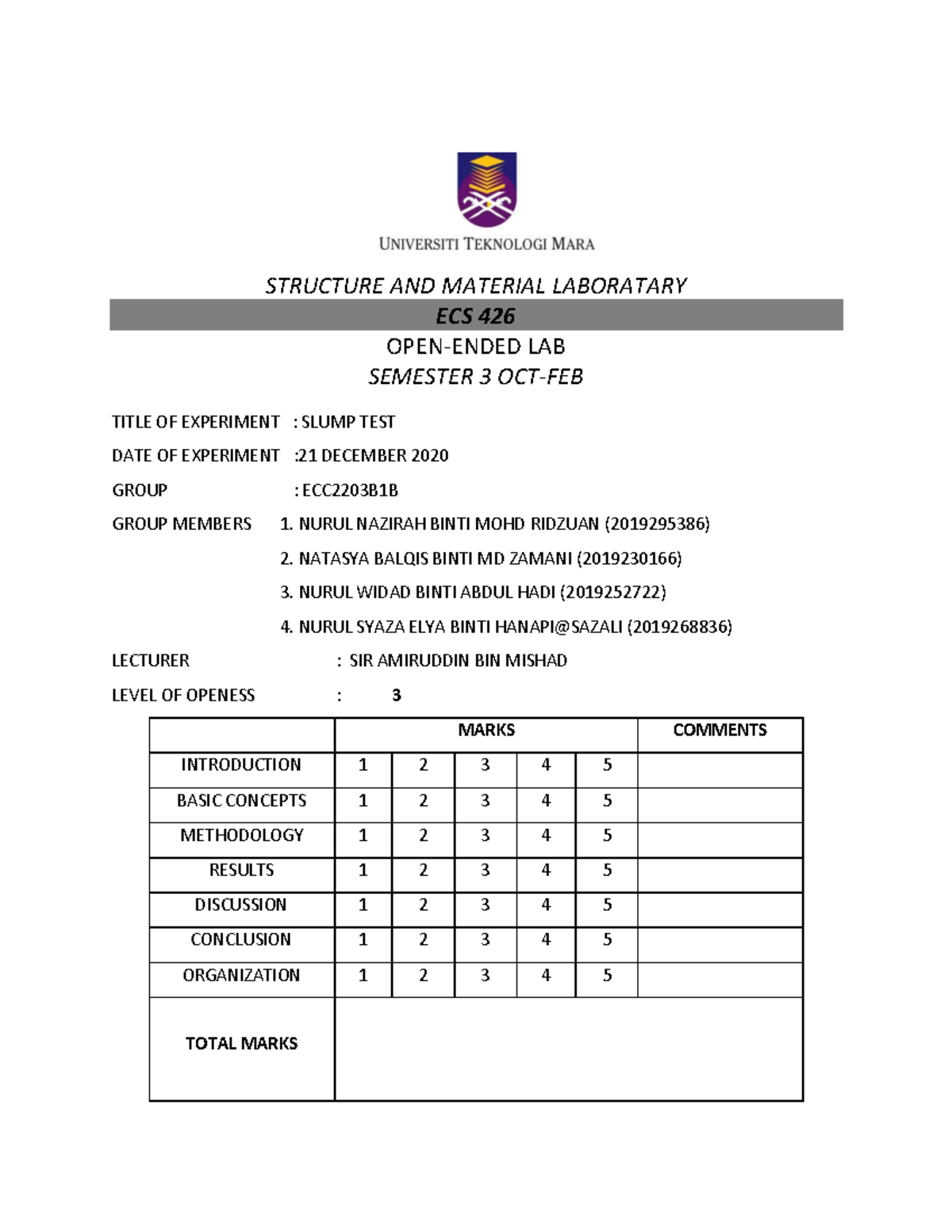LAB Slump TEST - Lab report - STRUCTURE AND MATERIAL LABORATARY ECS 426 ...