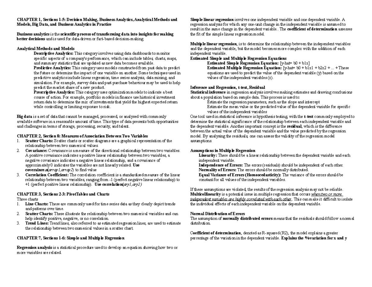 Exam 1 Cheat sheet - CHAPTER 1, Sections 1-5: Decision Making, Business ...