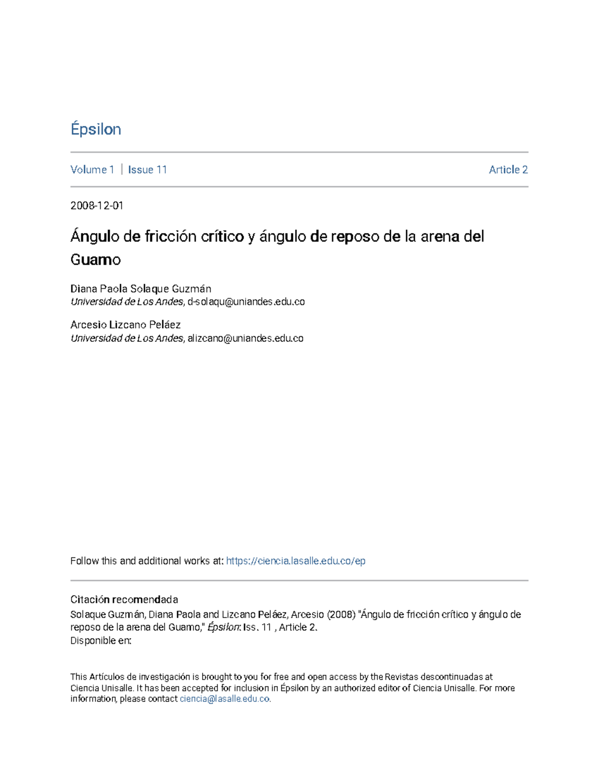Ángulo de fricción crítico y ángulo de reposo de la arena del Gua ...