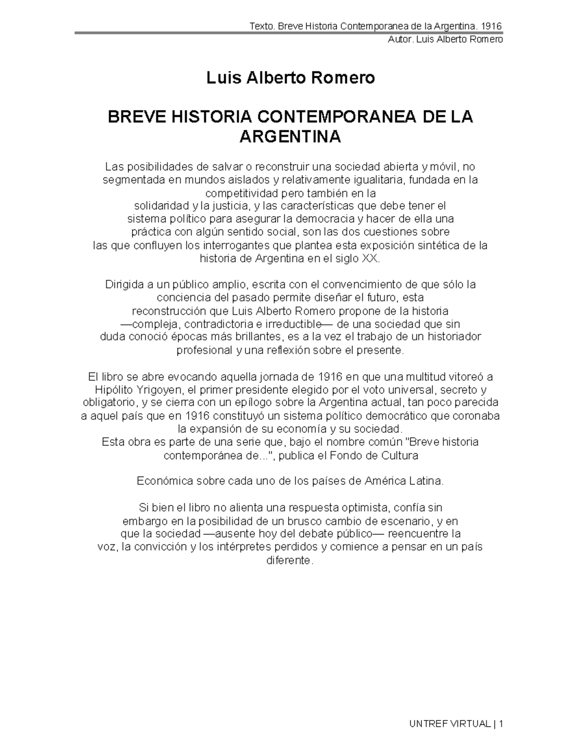 Clase 3 Romero Breve Historia Contemp de la Arg 1916 - Luis Alberto ...