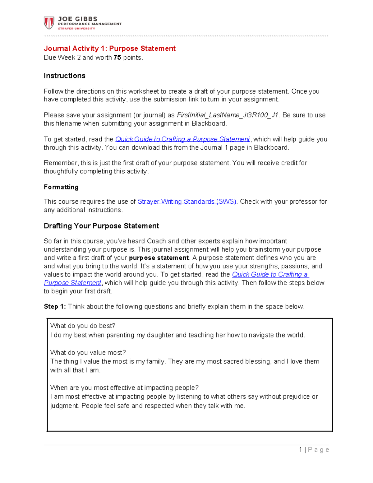 Journal Activity 1: Purpose Statement - Journal Activity 1: Purpose Statement Due Week 2 and ...