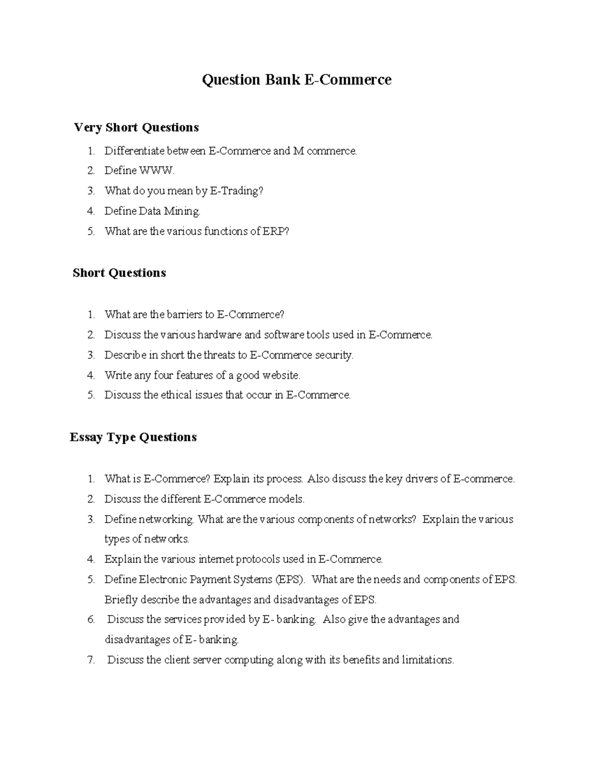 E-commerce and m commerce - Question Bank E-Commerce Very Short ...