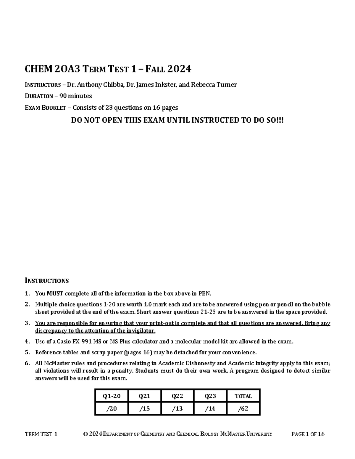 2OA3 Test 1 V1 - orgo test 1 - CHEM 2OA3 TERM TEST 1 – FALL 2024 ...