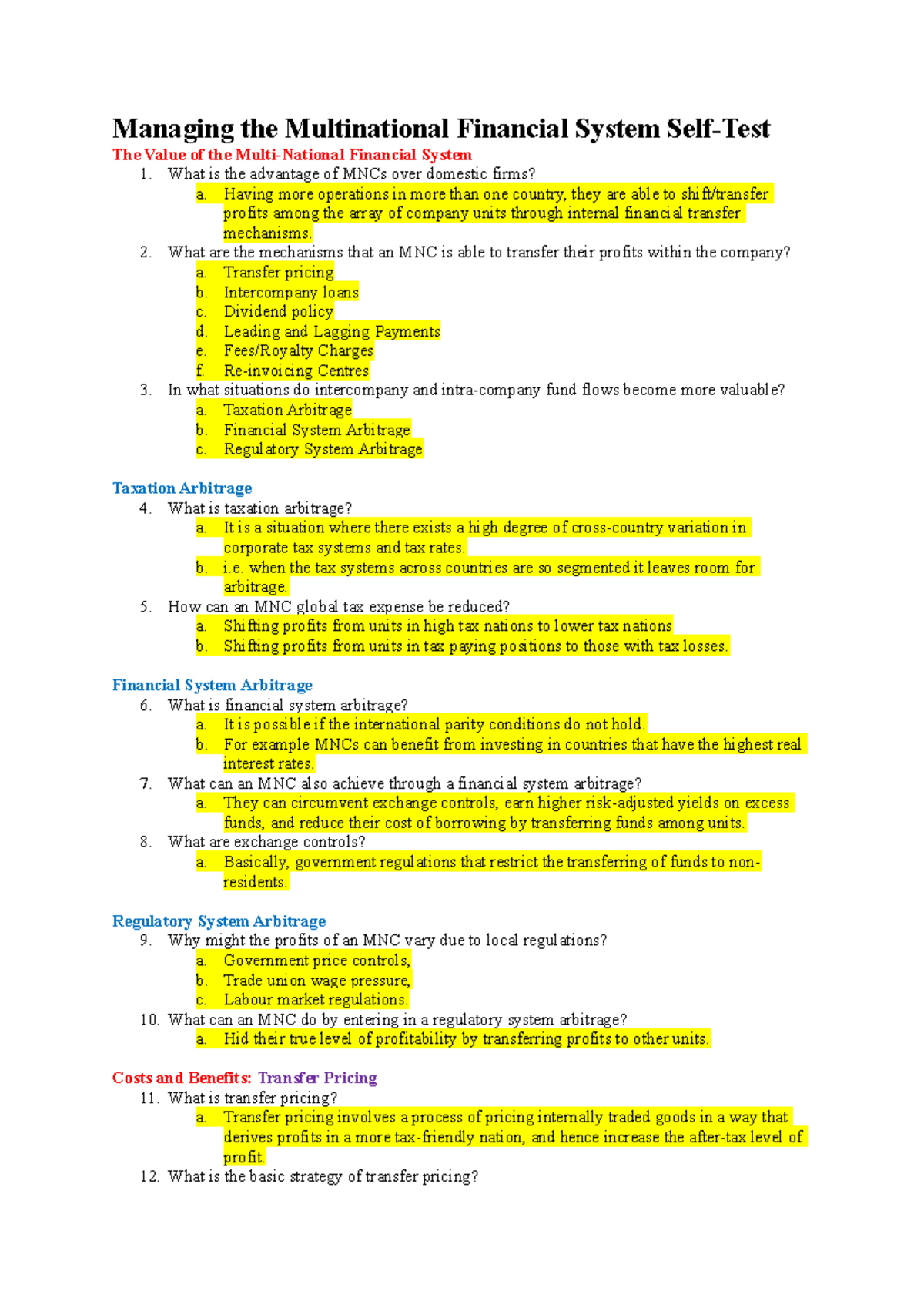Self Test - Managing the Multinational Financial System - Managing the ...