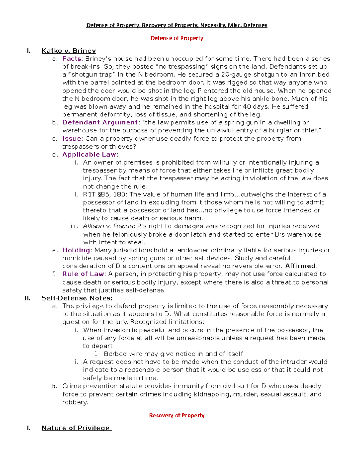 Defense of Property, Recovery of Property, Necessity, Misc. Defenses ...