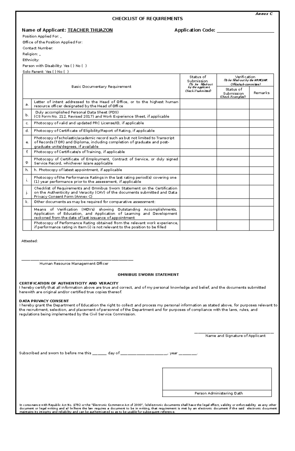 Annex C Checklist of Requirements and Omnibus Sworn Statement - Annex C ...