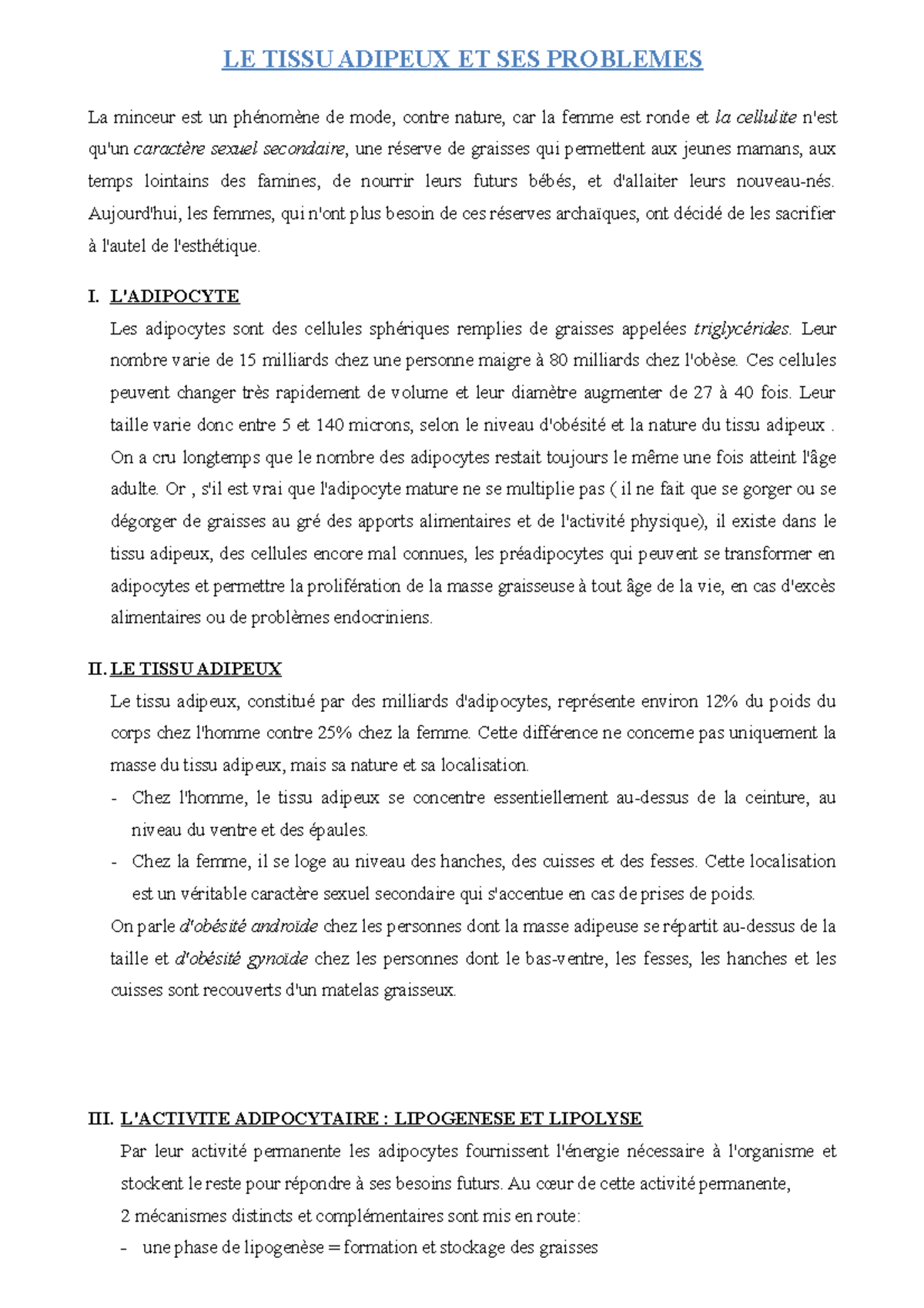 Tissu Adipeux Et Ses Problemes - LE TISSU ADIPEUX ET SES PROBLEMES La minceur est un phénomène ...
