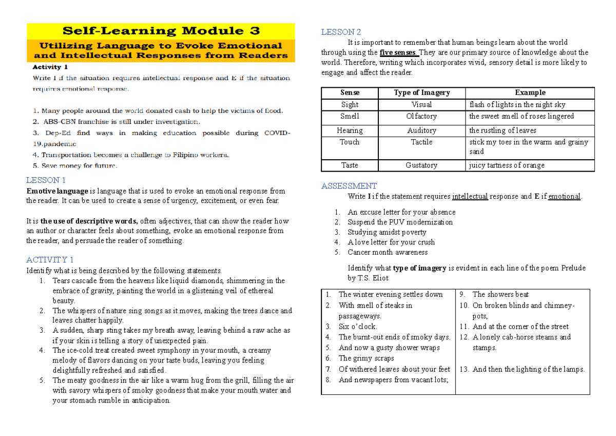 CW WEEK 3 Sensory Details - LESSON 1 Emotive language is language that ...