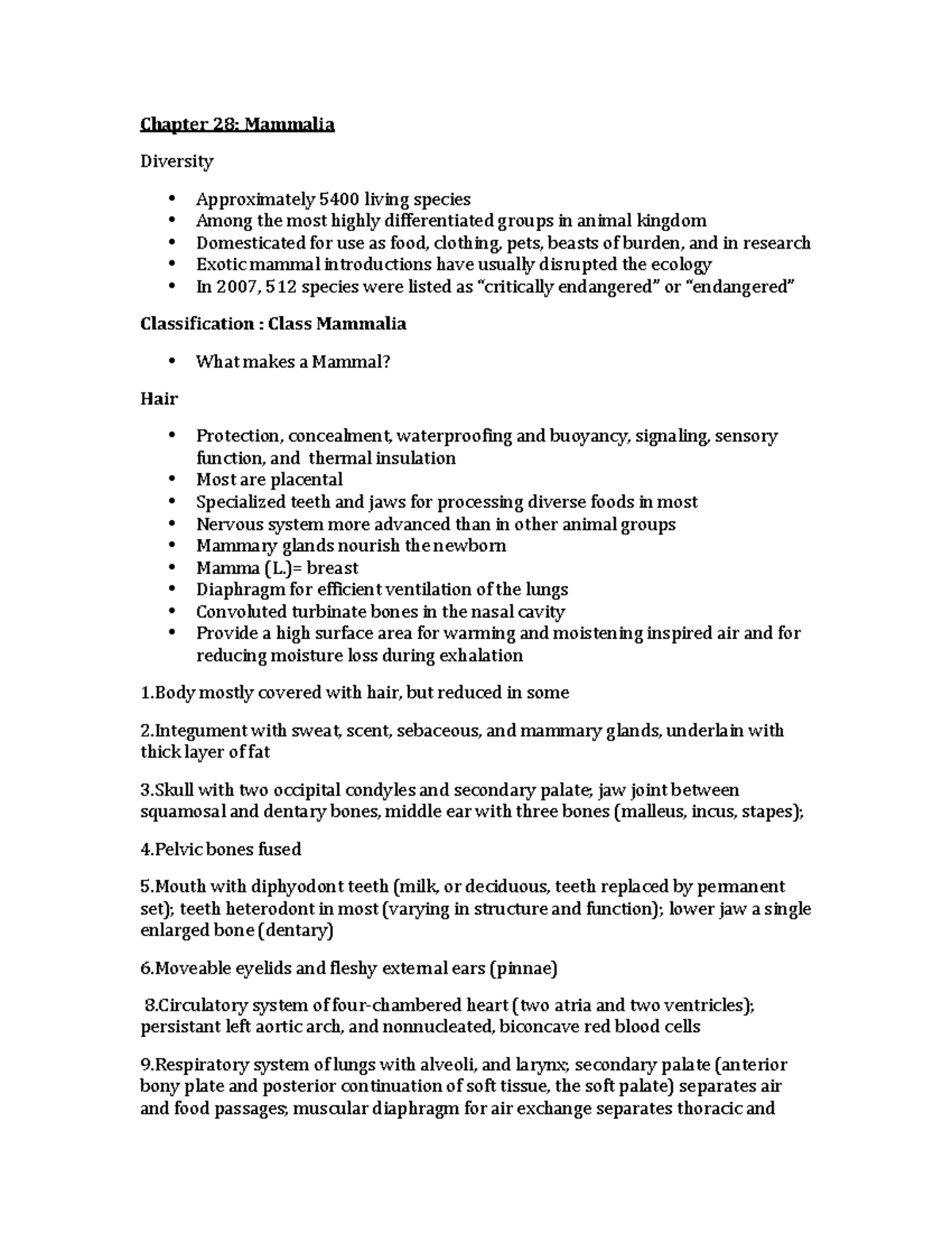 28 - Chapter 28 summary - Chapter 28: Mammalia Diversity Approximately ...