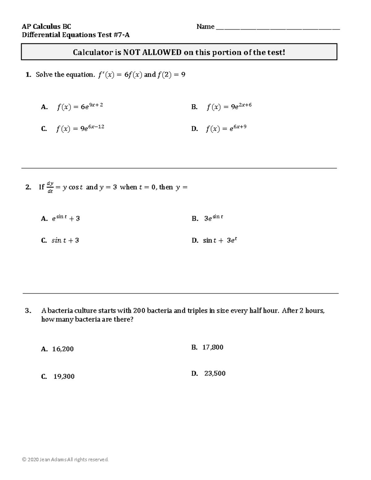 Unit 7 BC AP Test 7A - Test similar to ap calculus bc questions. Covers ...
