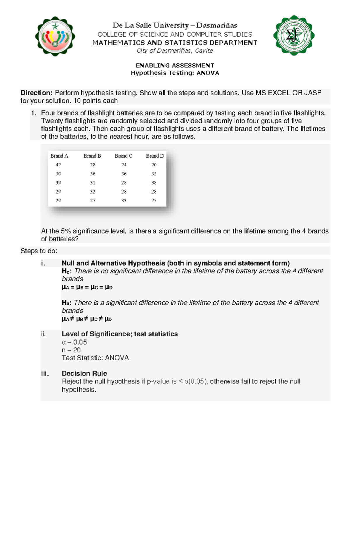Anova EA4 Data Lec - Enabling Assessment 4 - Analysis of Variance ...