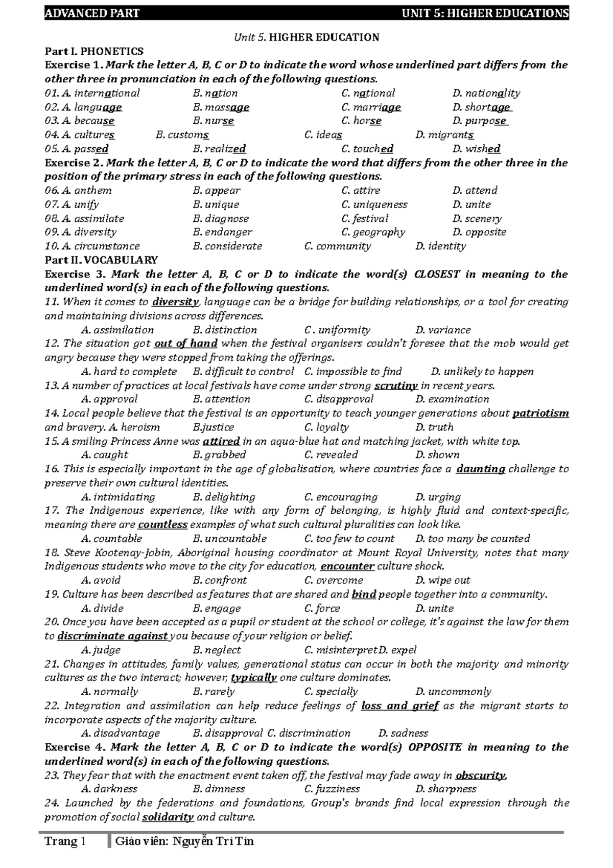 Advanced practice - u5-grade 12 - Unit 5. HIGHER EDUCATION Part I. PHONETICS Exercise 1. Mark ...