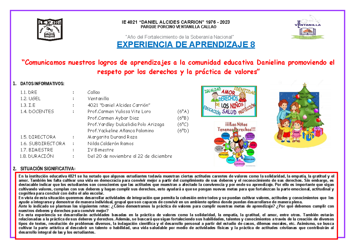 EDA 8 - APRENDEMOS JUNTOS - IE 4021 “DANIEL ALCIDES CARRION” 1976 - 2023 PARQUE PORCINO ...