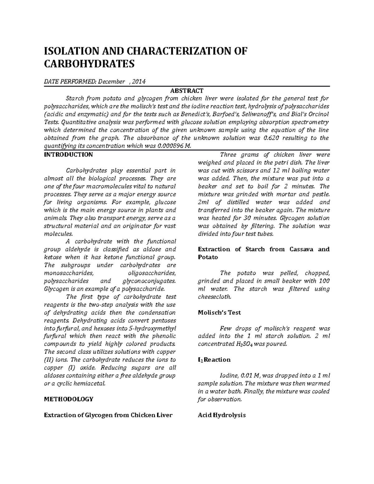 Isolation and Characterization of Carbohydrates - ISOLATION AND ...