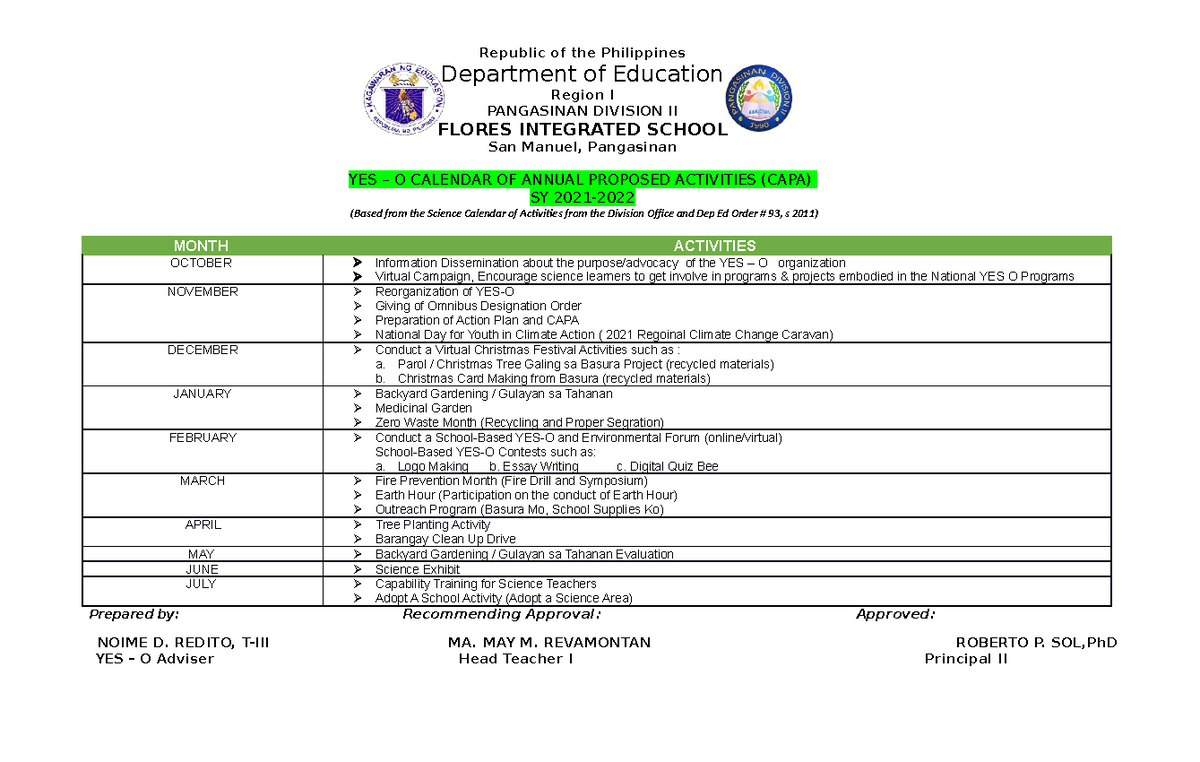 Flores IS YES O CAPA - yes O capa of our school sy 2021-2022 used for ...