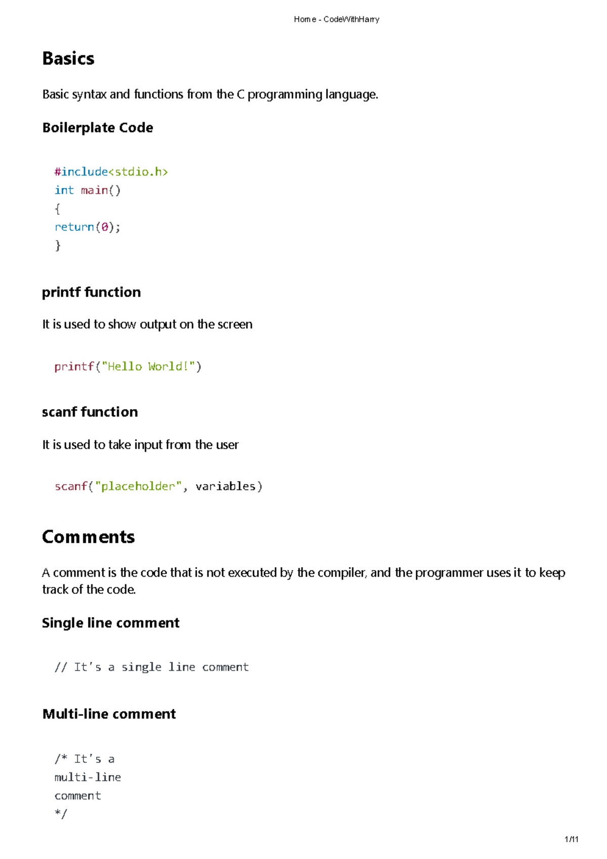 C Cheatsheet Code With Harry Basics Basic Syntax And Functions From The C Programming Language