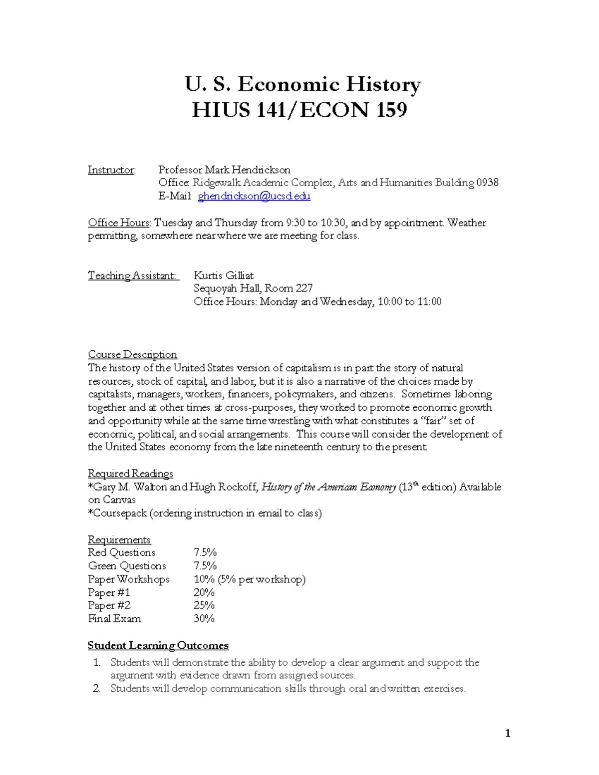 Econ 158 U. S. Economic History Syllabus coursework - U. S. Economic ...