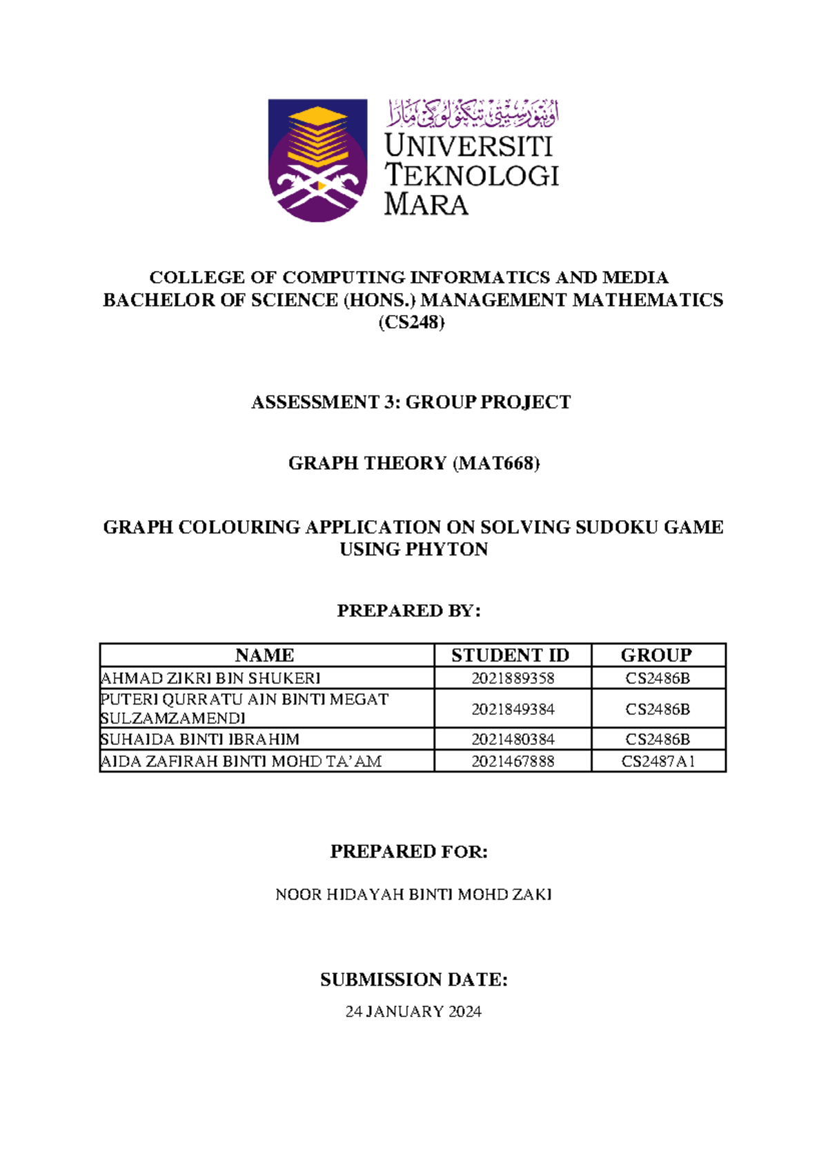 Graph Theory Group Assignment College Of Computing Informatics And Media Bachelor Of Science