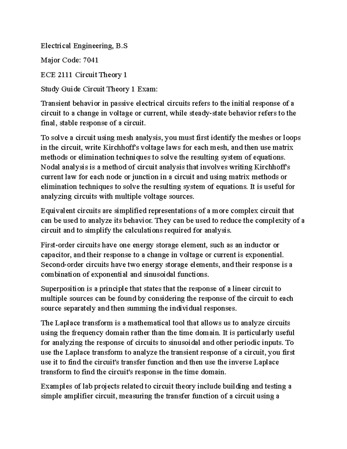 Study Guied - Electrical Engineering, B Major Code: 7041 ECE 2111 Circuit Theory 1 Study Guide ...