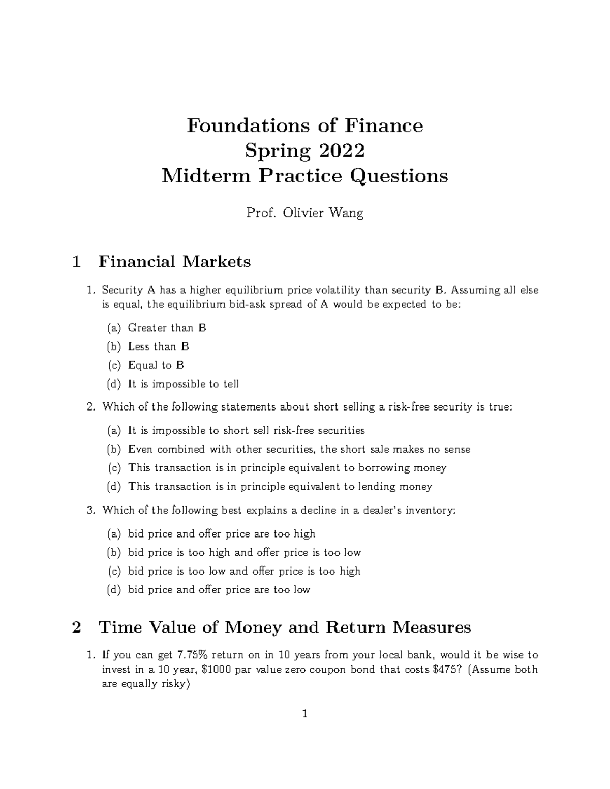 Practice Midterm 2022 - Foundations of Finance Spring 2022 Midterm Practice Questions Prof ...