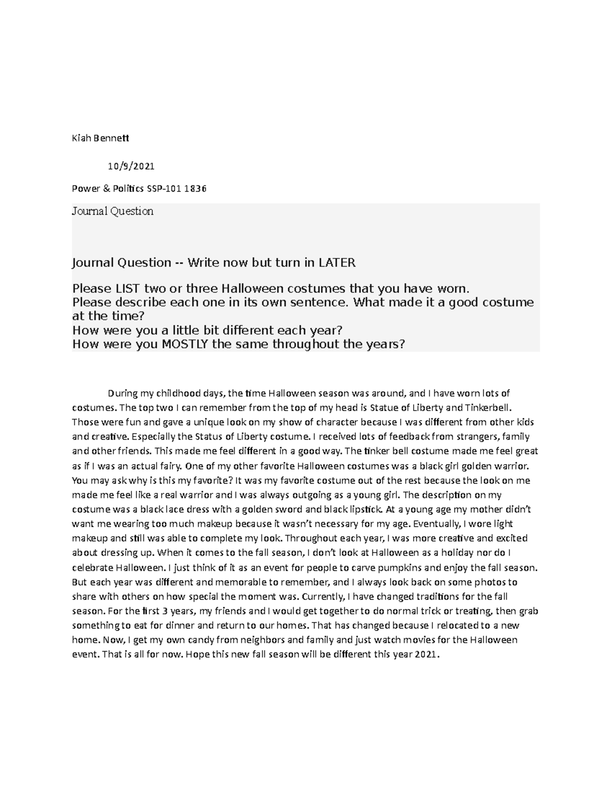 SSP -101 1836 Journal Ques. Assignment - Kiah Bennet 10/9/ Power ...