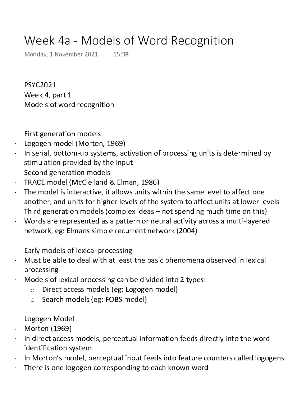 Week 4a - Models of Word Recognition - PSYC Week 4, part 1 Models of ...