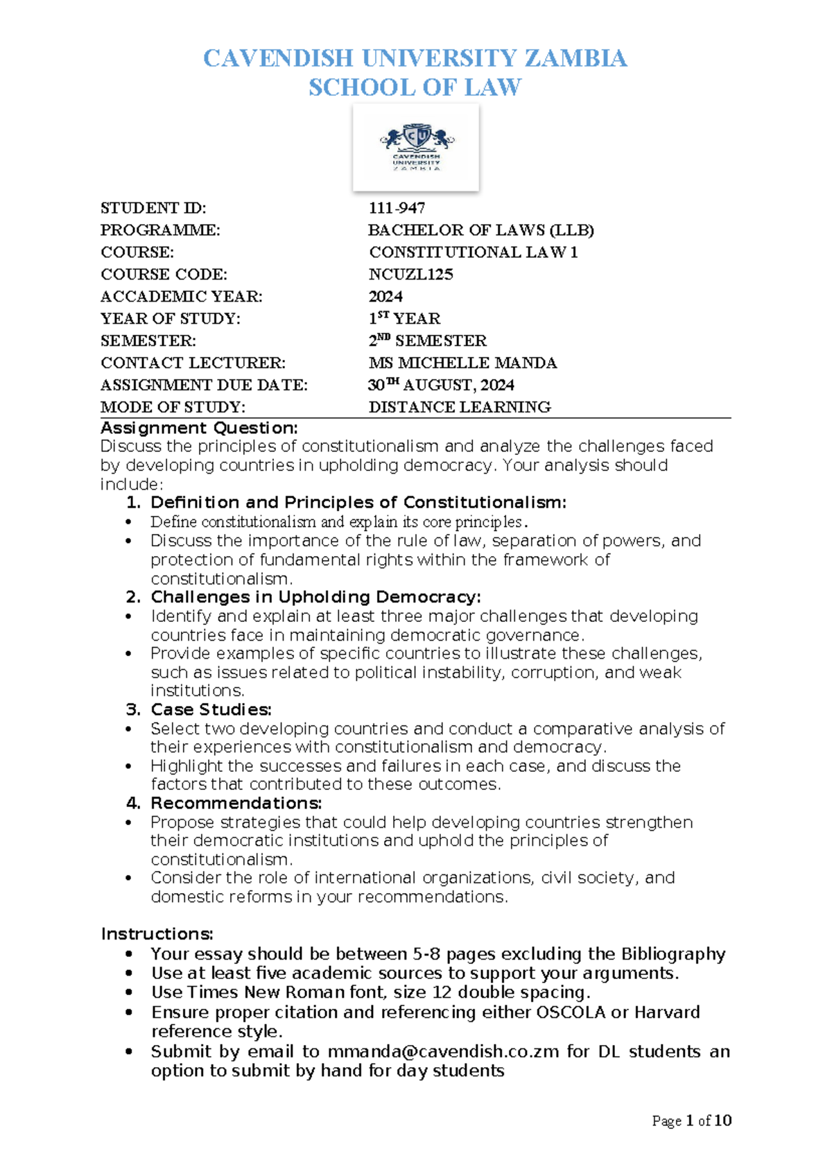 Ncuzl 125 Constitutional LAW 1 - CAVENDISH UNIVERSITY ZAMBIA SCHOOL OF ...