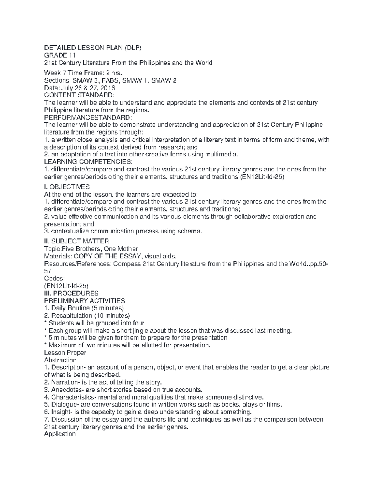 Pdfcoffee - your welcome - DETAILED LESSON PLAN (DLP) GRADE 11 21st Century Literature From the ...