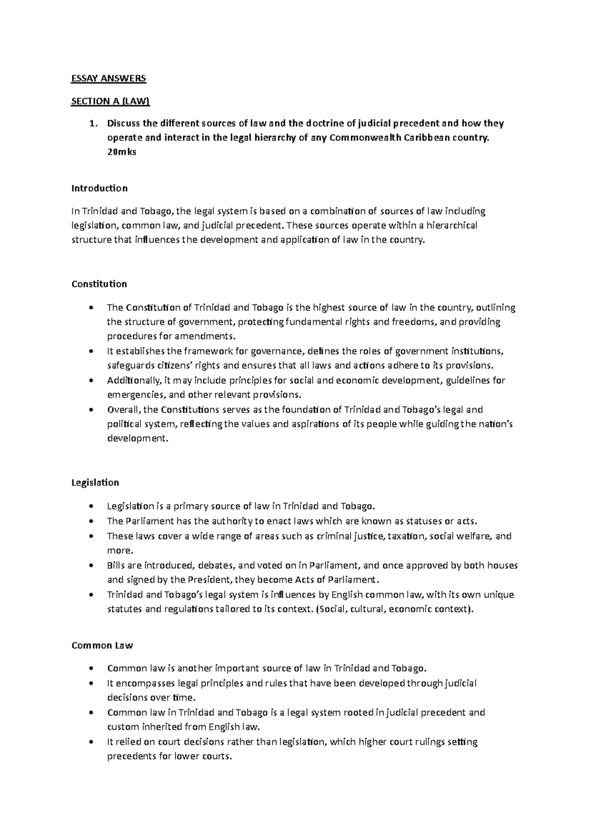 Exam Script - ESSAY ANSWERS SECTION A (LAW) Discuss the different ...