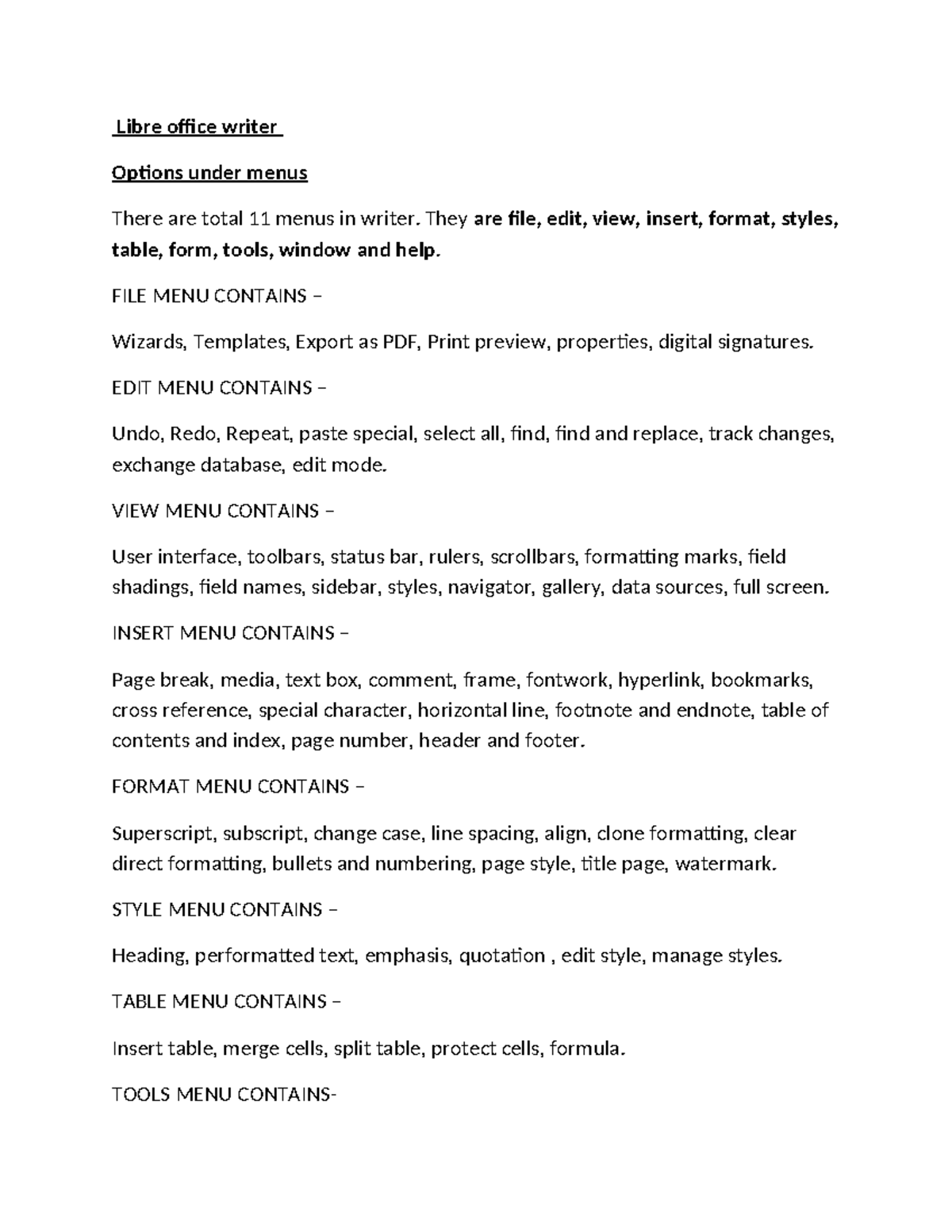 Menus libre - Libre office writer Options under menus There are total ...