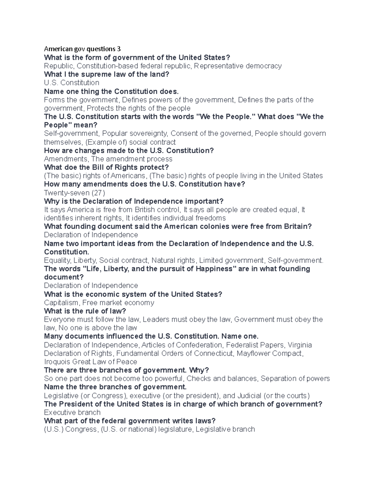 American gov questions 3 - Constitution Name one thing the Constitution ...