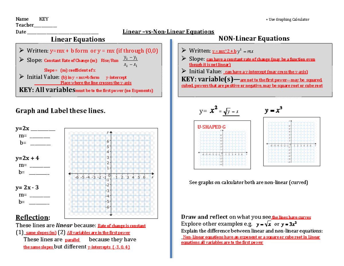 Linearvs Non Linear Equations-1 - Name KEY + Use Graphing Calculator ...