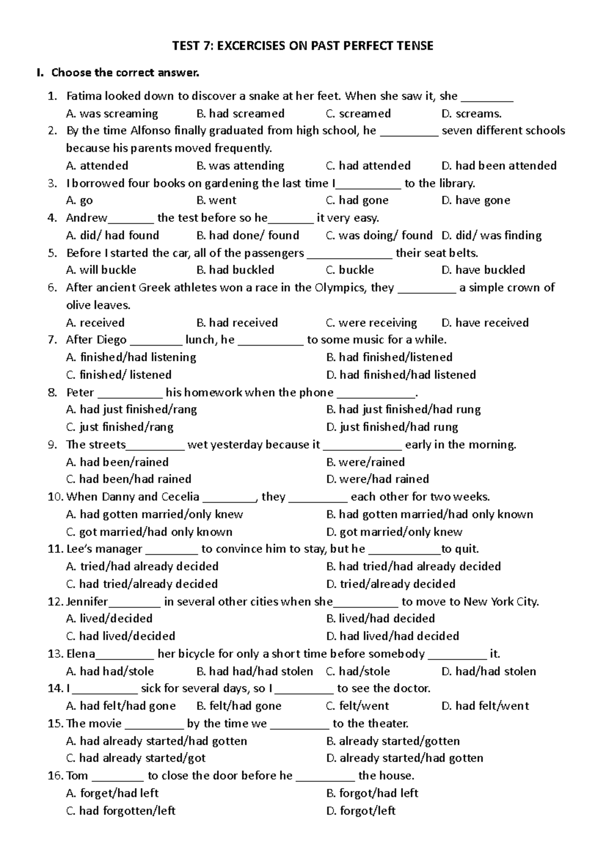 Test 7 - QKHT - QKHT - TEST 7: EXCERCISES ON PAST PERFECT TENSE I ...