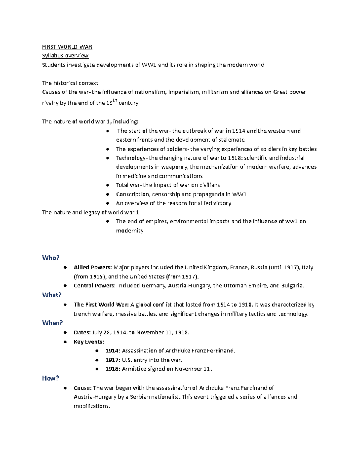 First World WAR - Prelim notes - FIRST WORLD WAR Syllabus overview ...