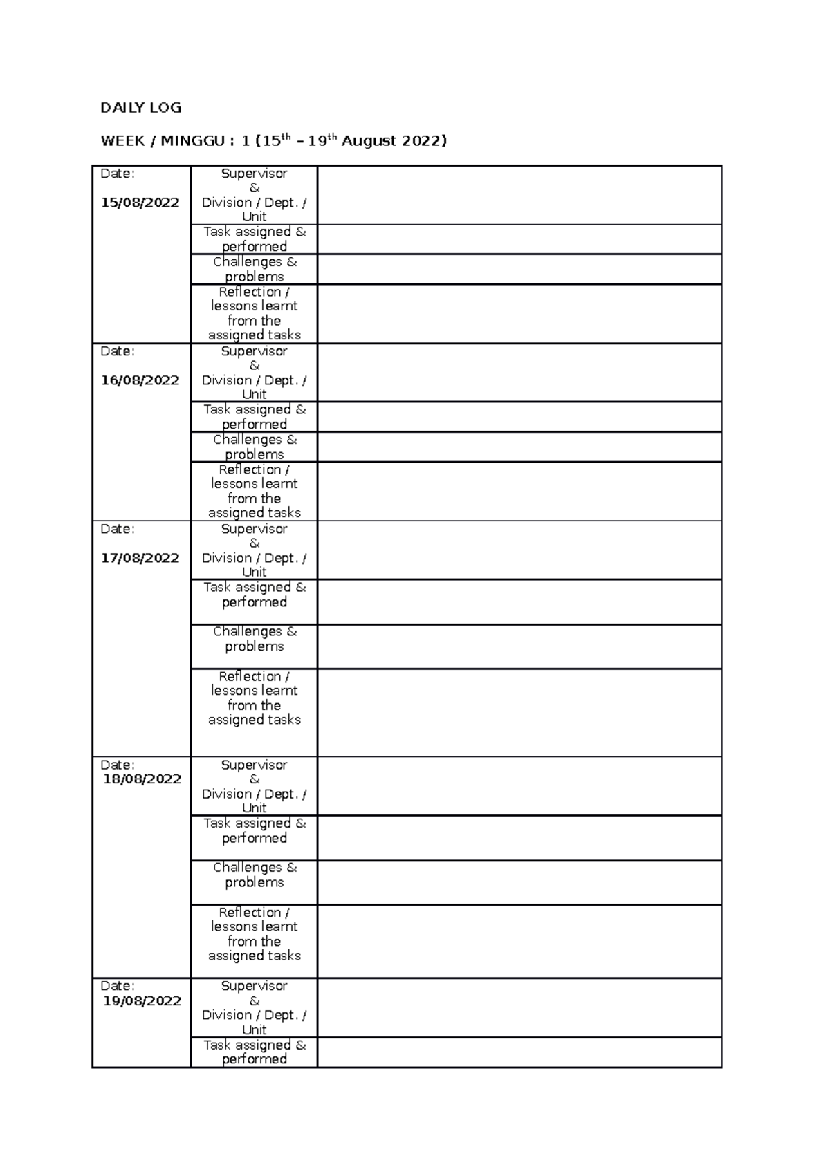 Daily LOG - Internship - DAILY LOG WEEK / MINGGU : 1 (15th – 19th ...