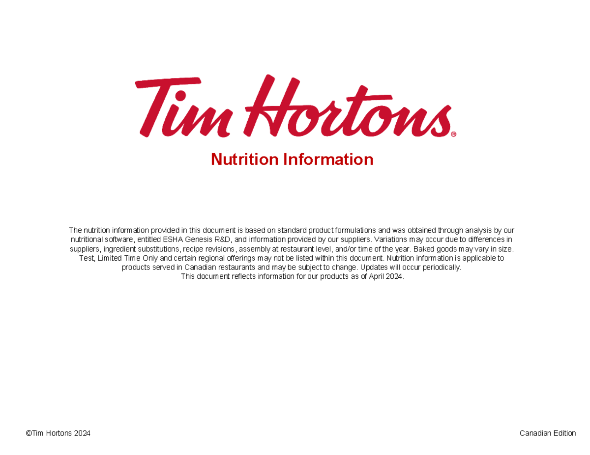 Tim Hortons Nutrtion Guide - April 2024 - The nutrition information ...